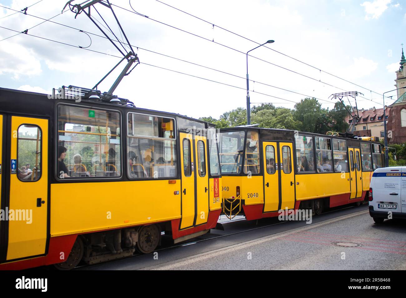 Warsaw, Poland - May 28, 2023 Electric tram driving in the streets of ...