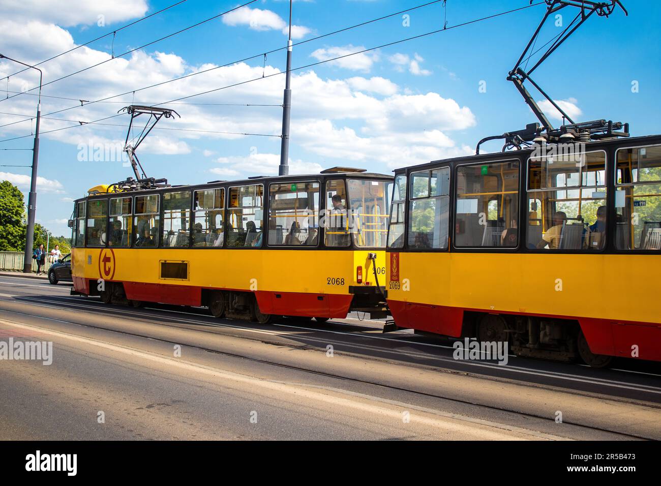 Warsaw, Poland - May 28, 2023 Electric tram driving in the streets of ...
