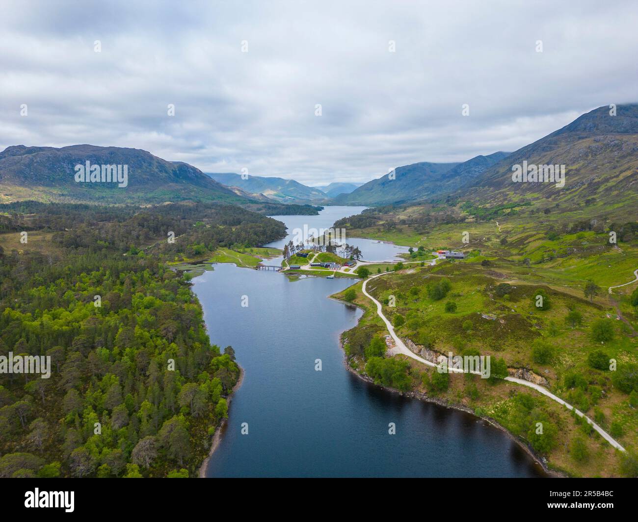 Aerial view along Glen Affric towards Loch Garbh Uisge and Loch Affric ...