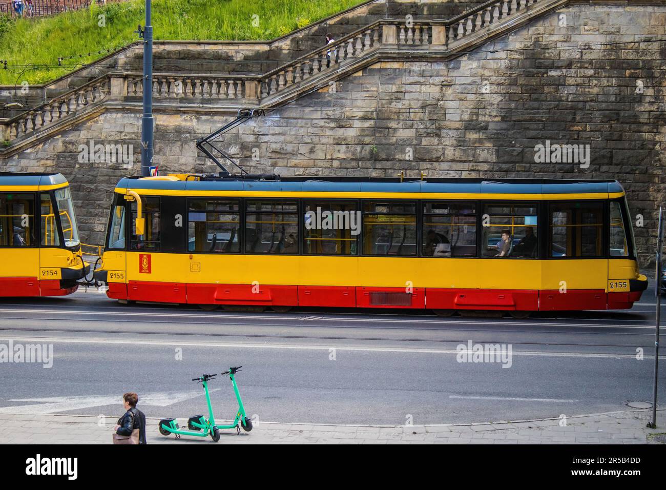 Warsaw, Poland - May 28, 2023 Electric tram driving in the streets of ...