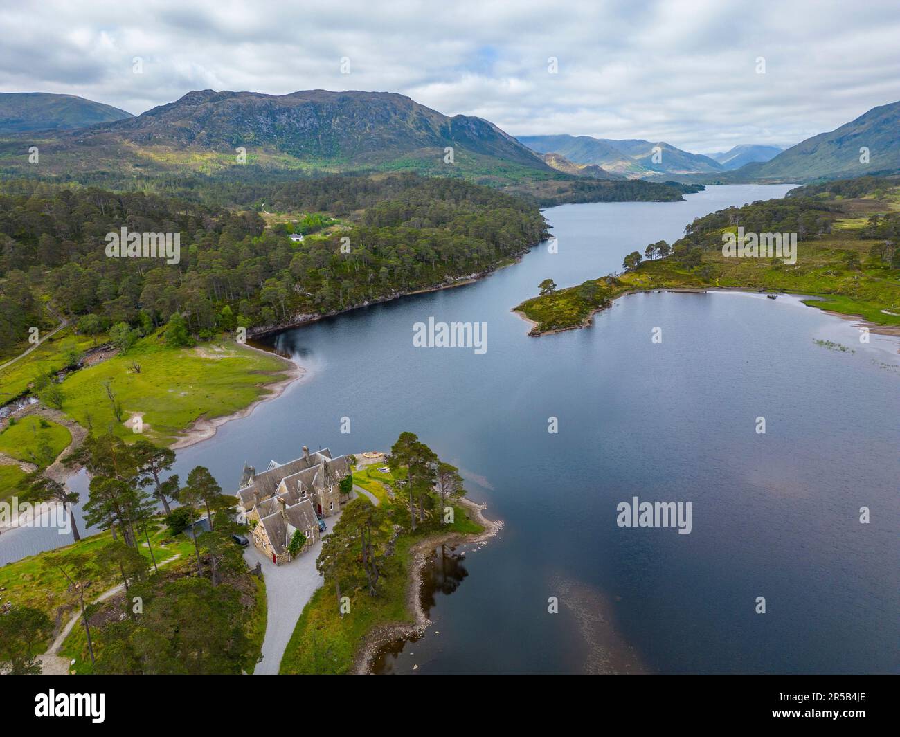 Aerial view along Glen Affric towards Glen Affric Lodge on Glen Affric ...