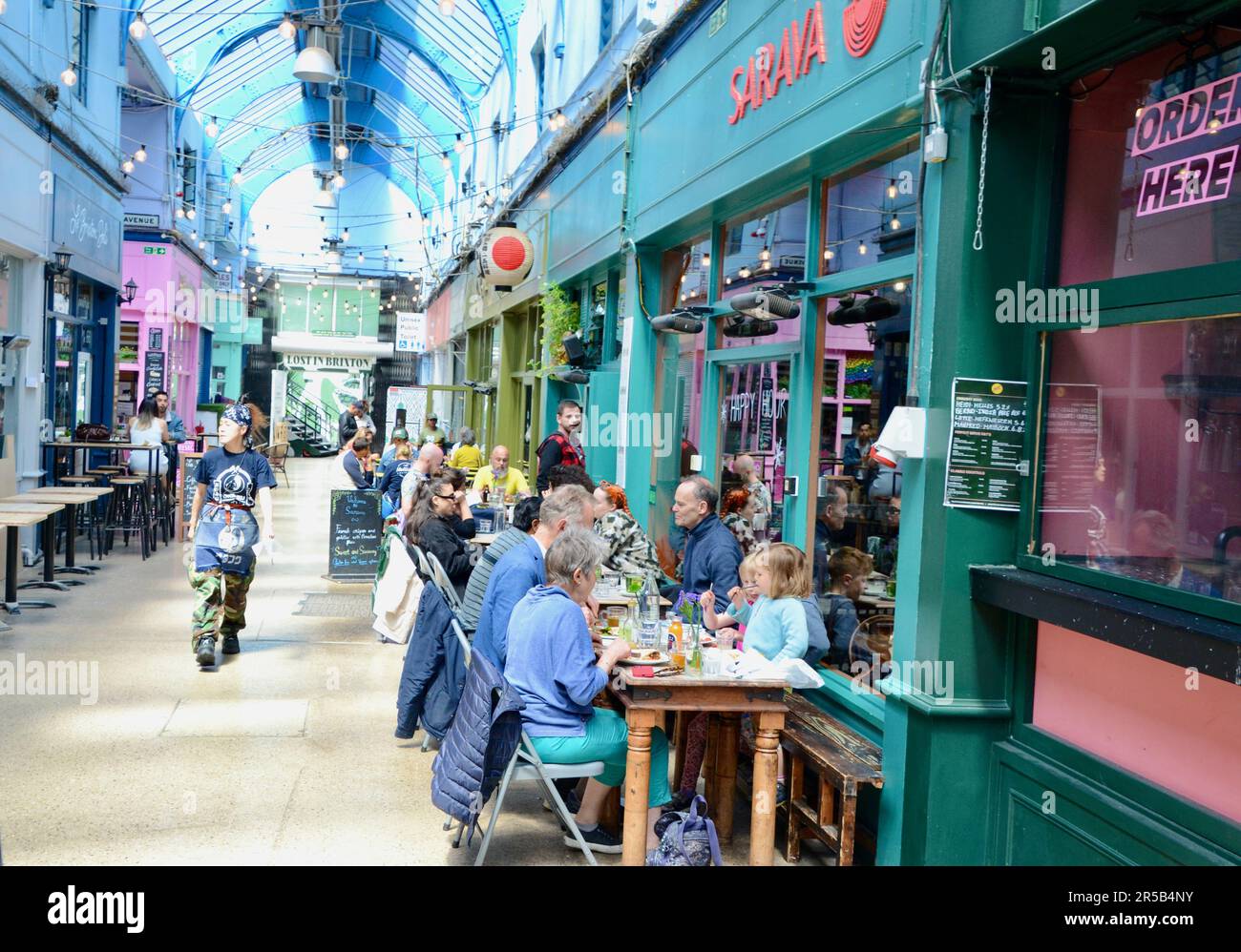 sarava cafe; brixton SW9 market with stalls shops restaurants bars etc ...
