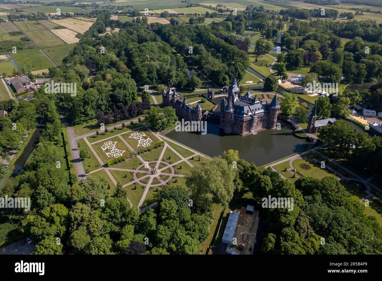 Aerial view of Dutch historic castle with landscaping gardens ...