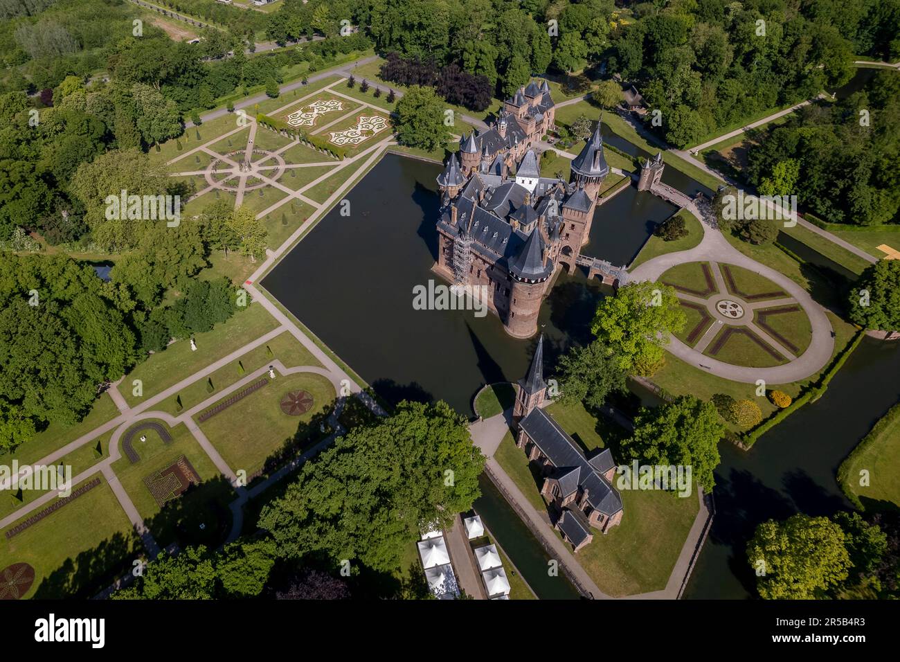 Aerial view of Dutch historic castle with landscaping gardens ...