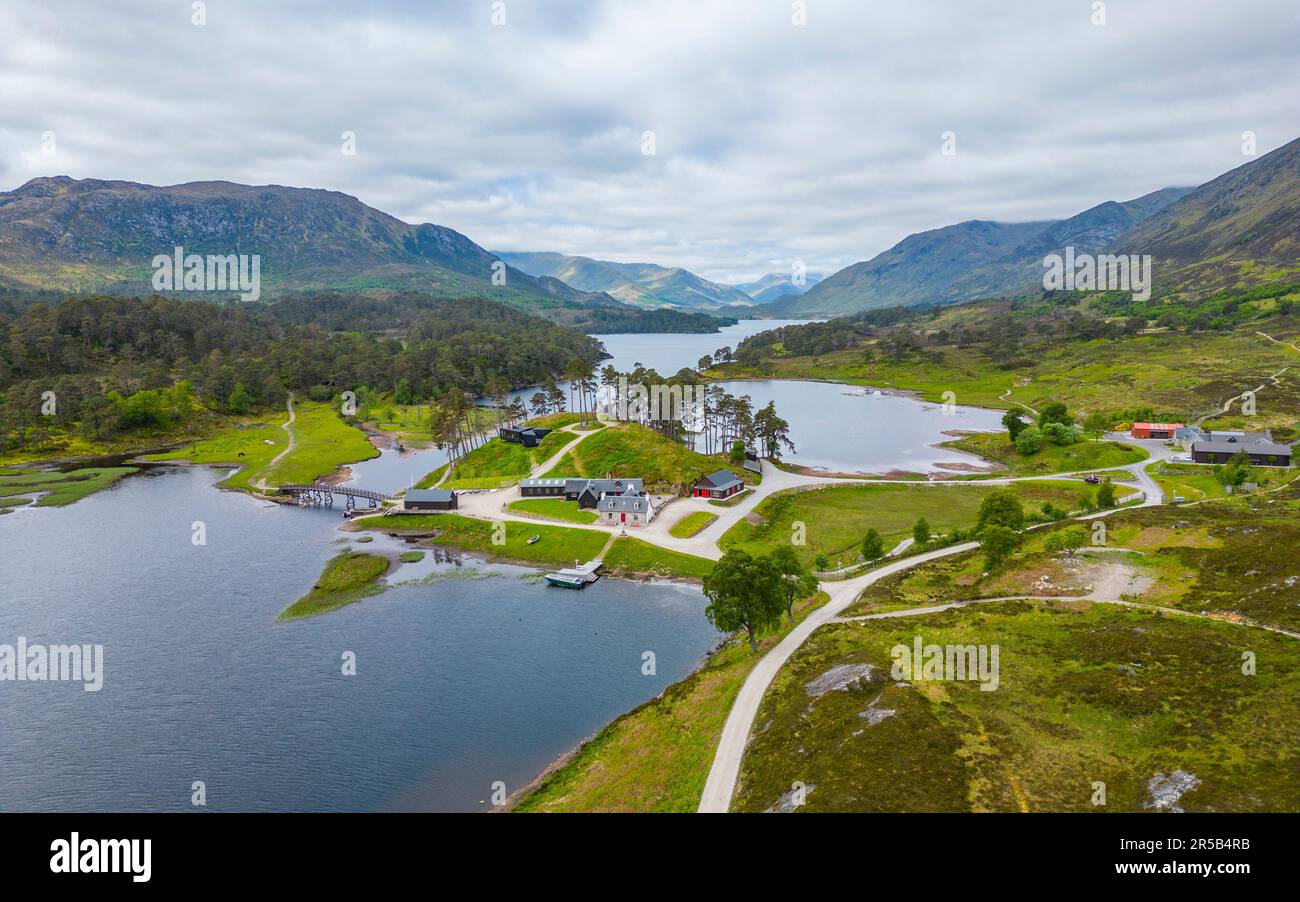 Aerial view along Glen Affric towards Glen Affric Lodge on Glen Affric ...