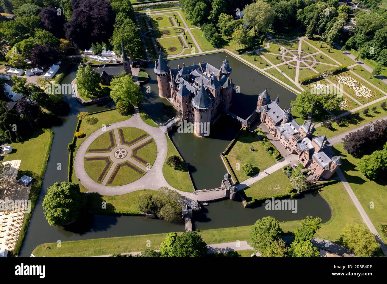 Aerial view of Dutch historic castle with landscaping gardens ...
