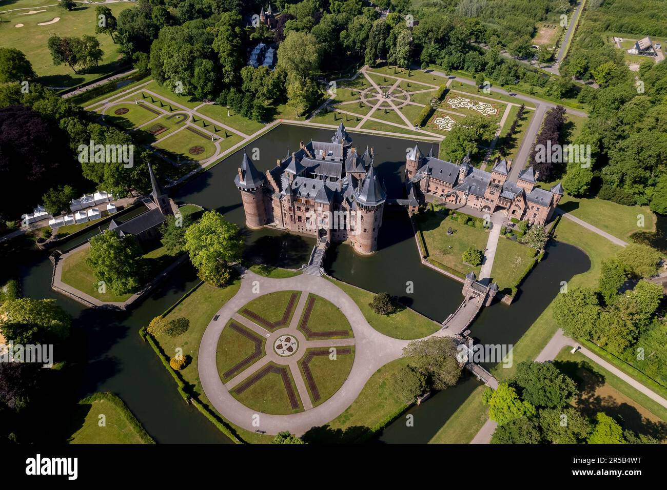 Aerial view of Dutch historic castle with landscaping gardens ...