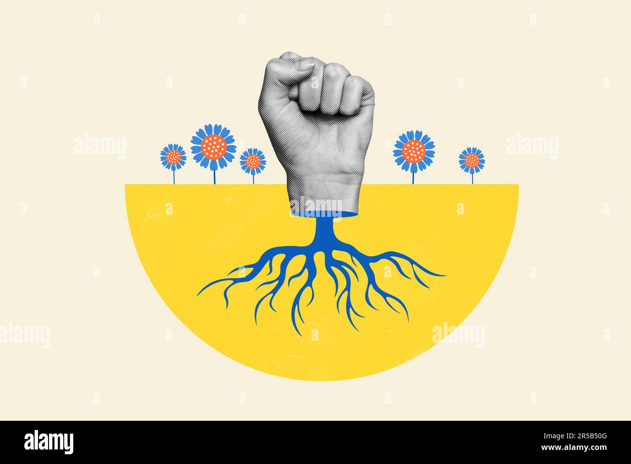 Composite collage image of big black white effect arm fist tree roots ...