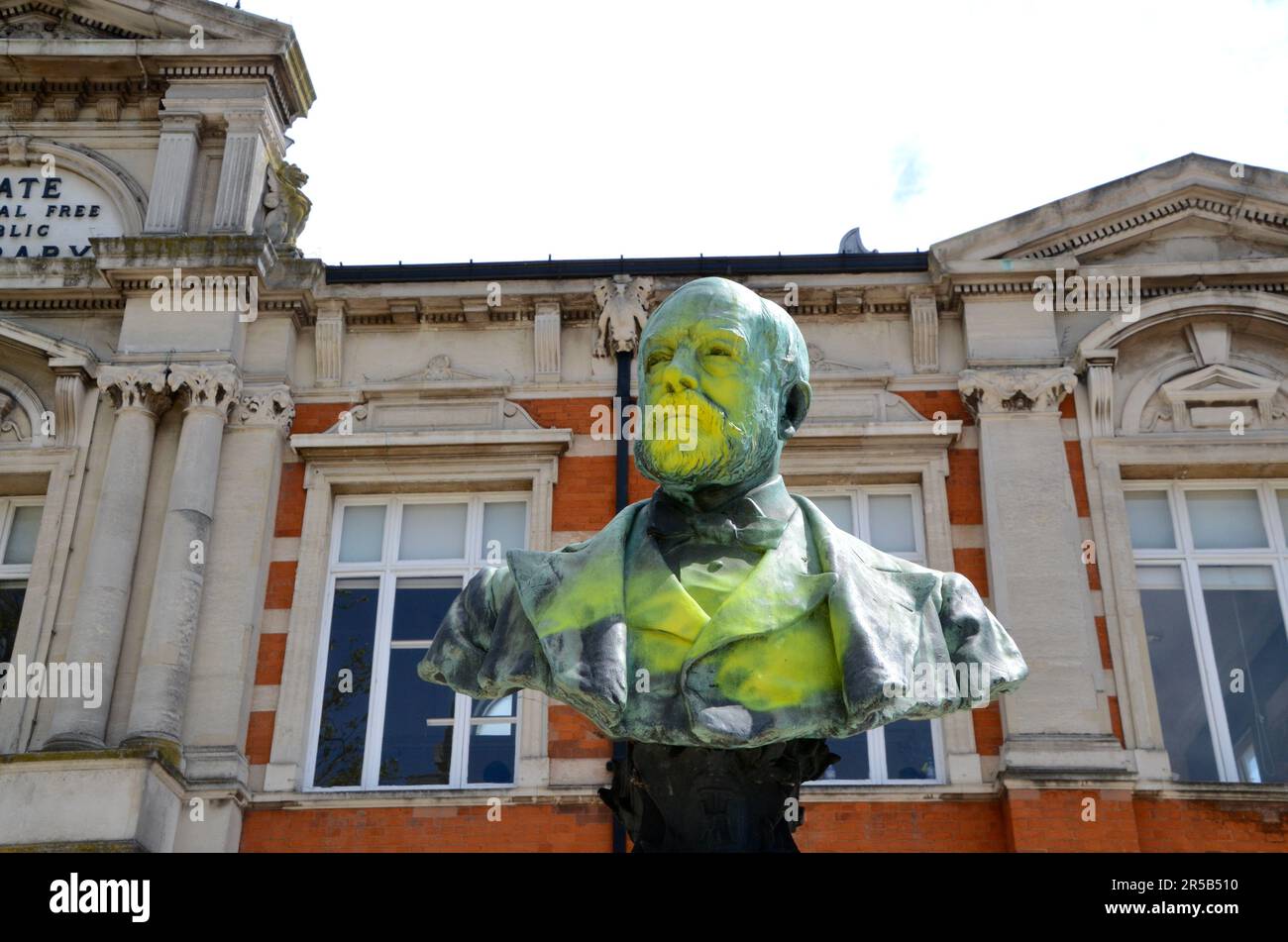 sir henry tate statue bust coloured yellow in brixton SW9 lambeth ...