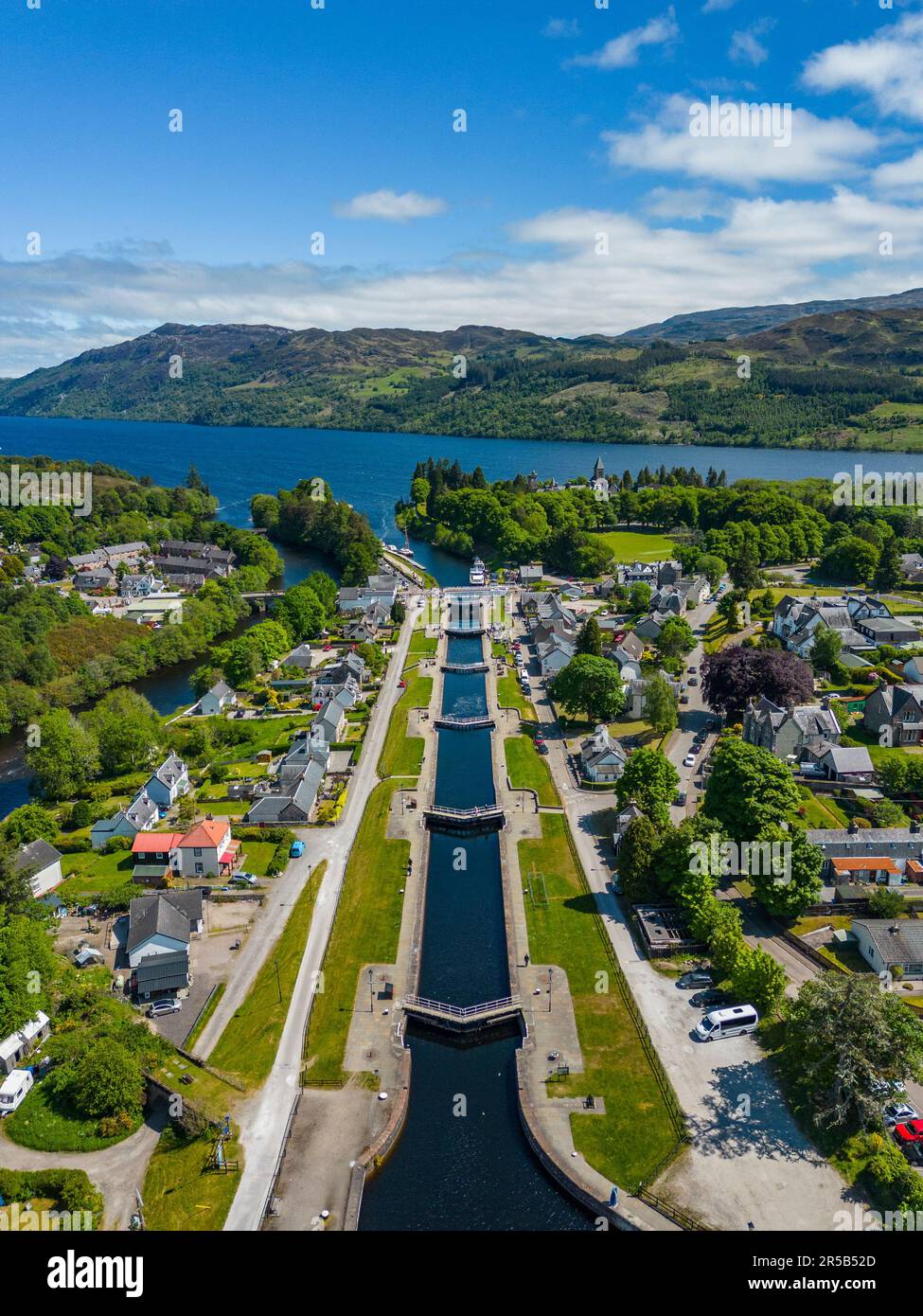 Aerial view of locks on the Caledonian Canal at Fort Augustus on Loch ...