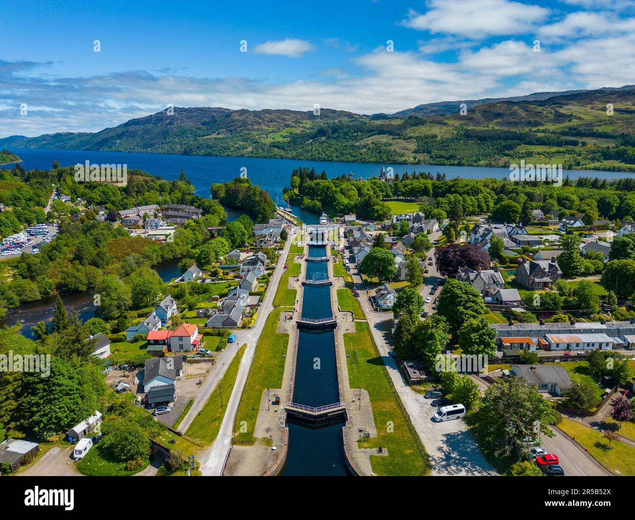 Aerial view of locks on the Caledonian Canal at Fort Augustus on Loch ...