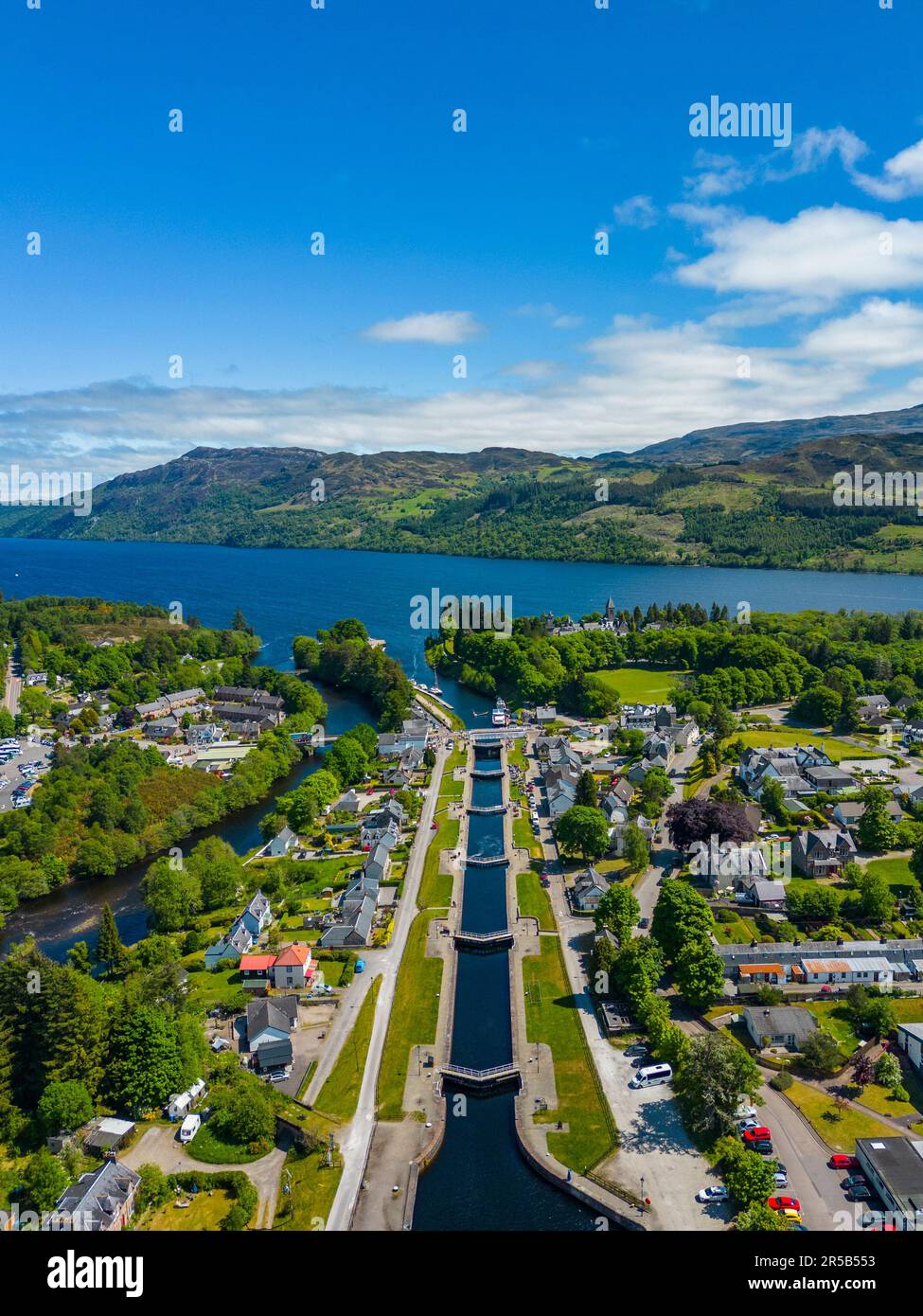 Aerial view of locks on the Caledonian Canal at Fort Augustus on Loch ...