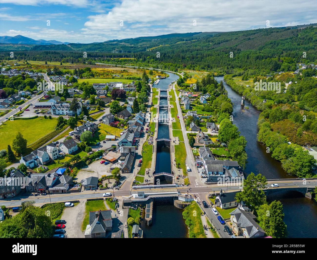 Aerial view of locks on the Caledonian Canal at Fort Augustus on Loch ...
