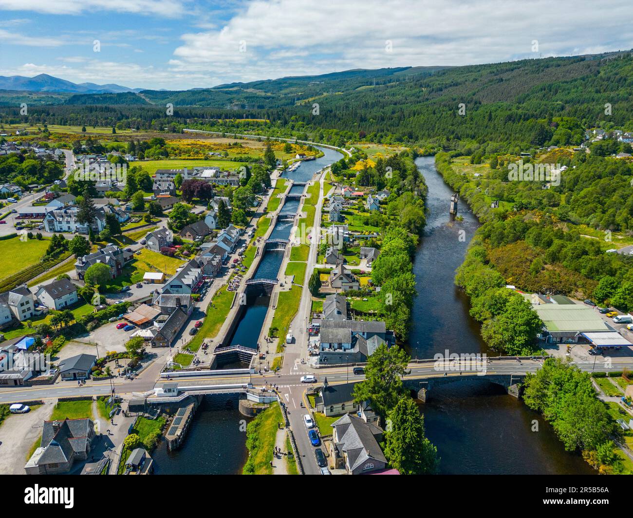 Aerial view of the Caledonian Canal and River Oich at Fort Augustus on ...
