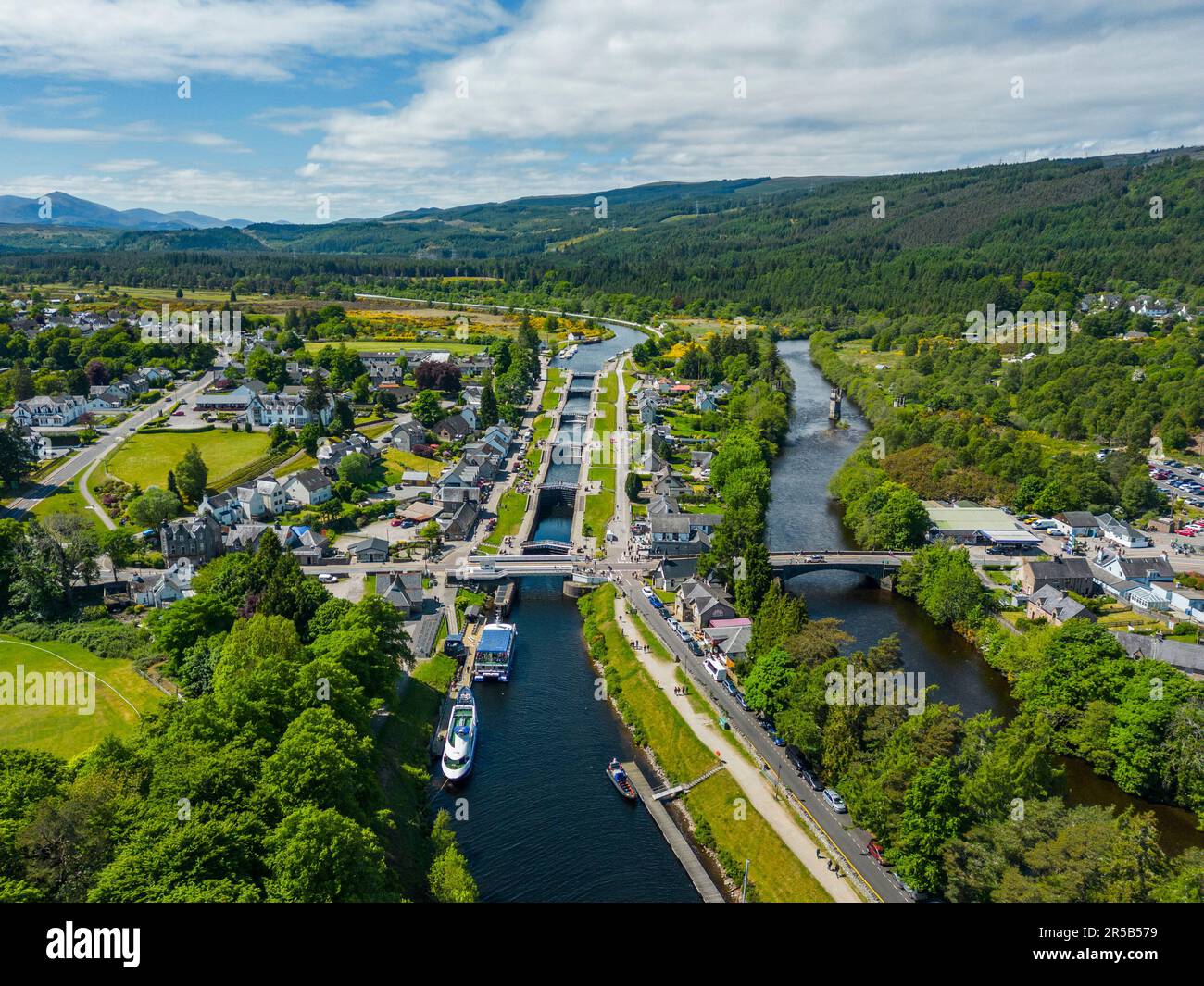Aerial view of the Caledonian Canal and River Oich at Fort Augustus on ...