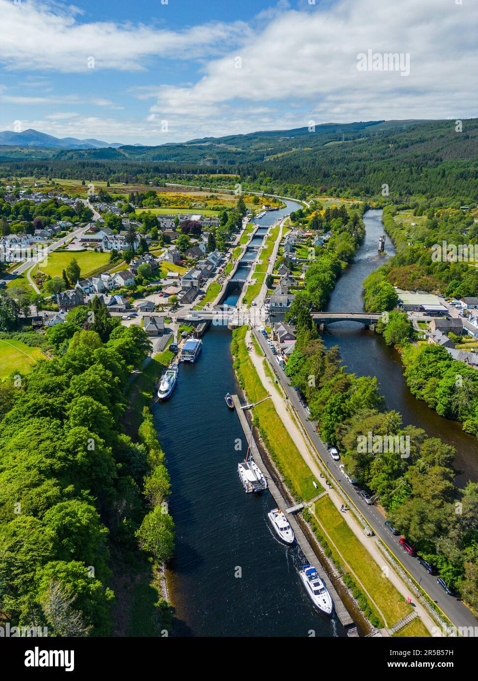 Aerial view of the Caledonian Canal and River Oich at Fort Augustus on ...