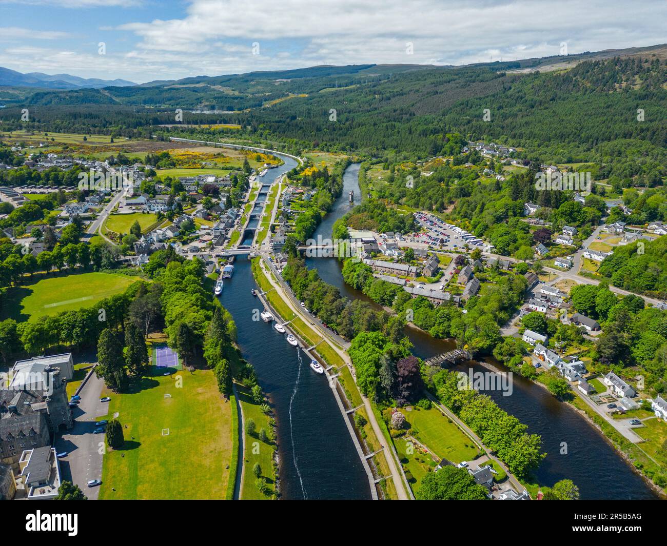 Aerial view of the Caledonian Canal and River Oich at Fort Augustus on ...