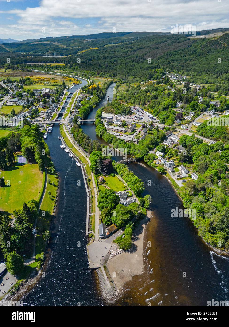Aerial view of the Caledonian Canal and River Oich at Fort Augustus on ...