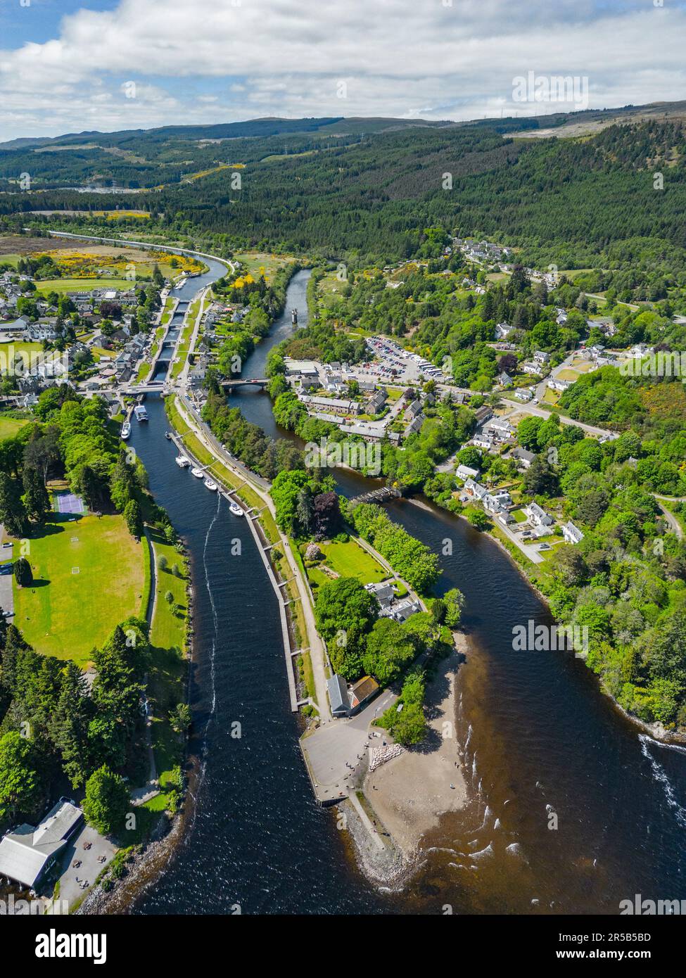 Aerial view of the Caledonian Canal and River Oich at Fort Augustus on ...