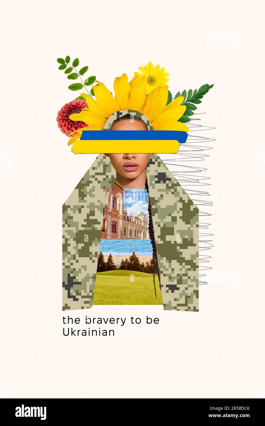 Vertical collage pictures girl military camouflage flowers leaves city ...