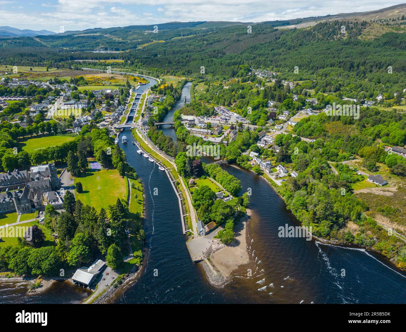 Aerial view of the Caledonian Canal and River Oich at Fort Augustus on ...