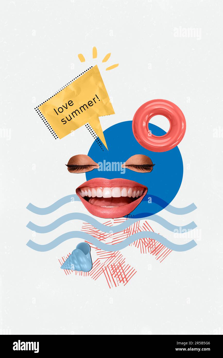 Drawing poster banner collage of funky human freak face with closed ...