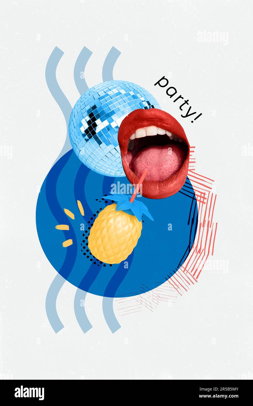 Creative advert poster banner collage of caricature human open mouth ...