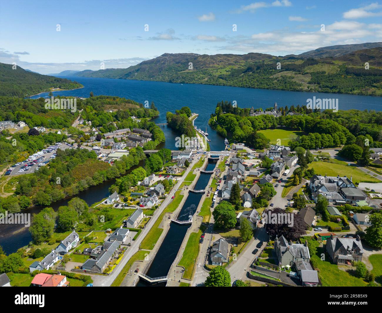 Aerial view of locks on the Caledonian Canal at Fort Augustus on Loch ...