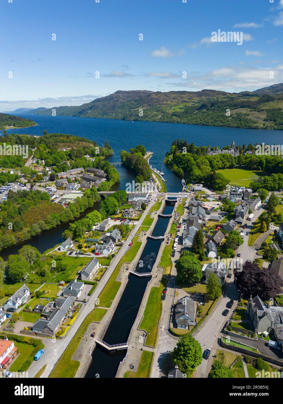 Aerial view of locks on the Caledonian Canal at Fort Augustus on Loch ...