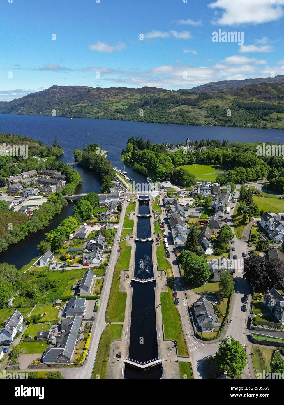 Aerial view of locks on the Caledonian Canal at Fort Augustus on Loch ...