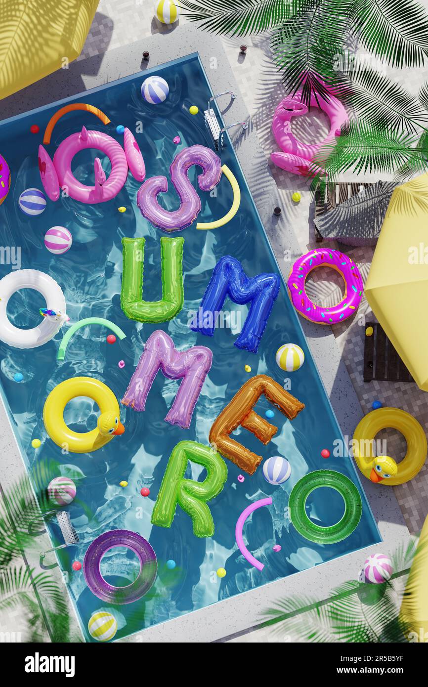 Vertical 3D picture collage high top view fresh crystal clean poolside ...
