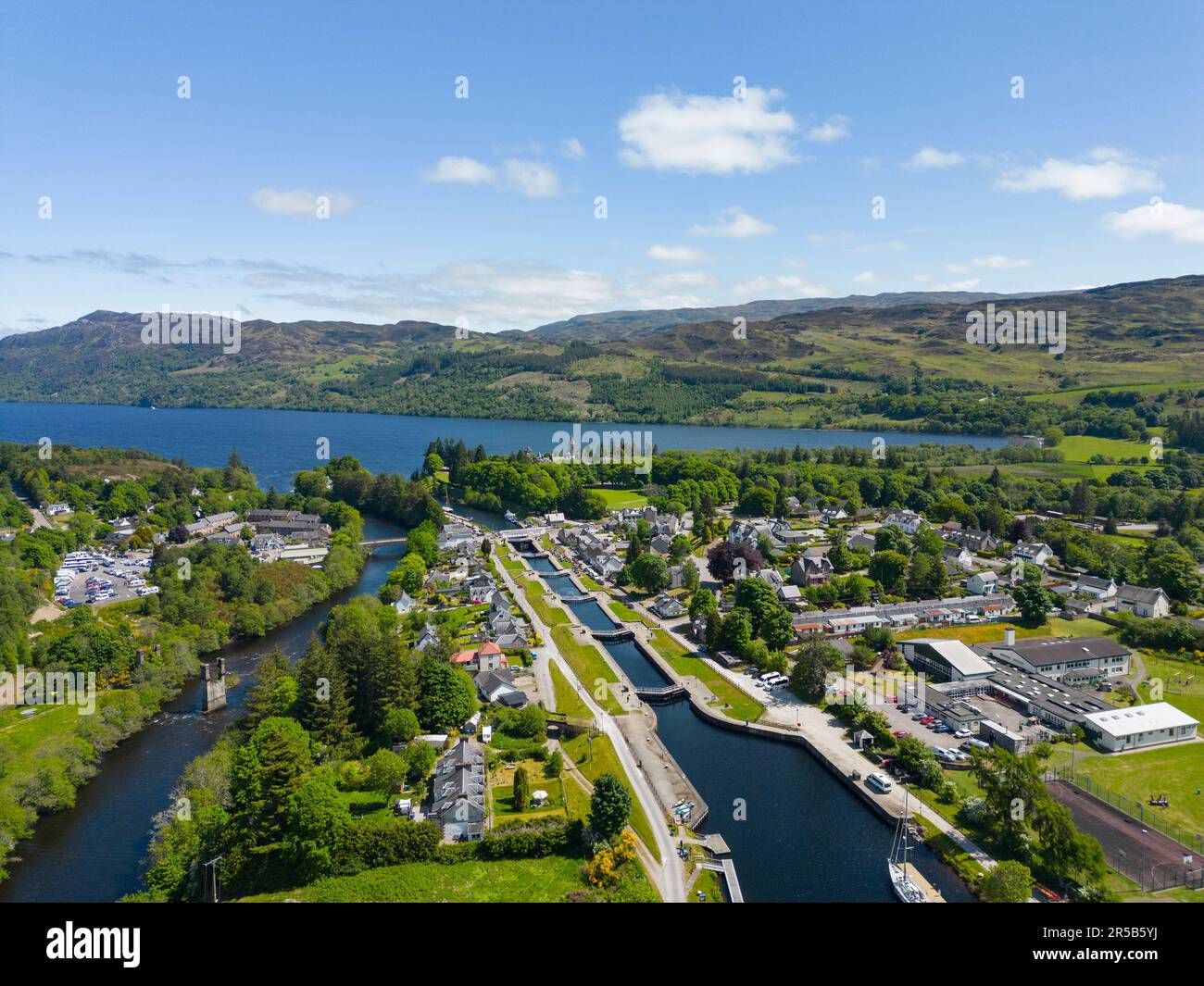 Aerial view of the Caledonian Canal and River Oich at Fort Augustus on ...