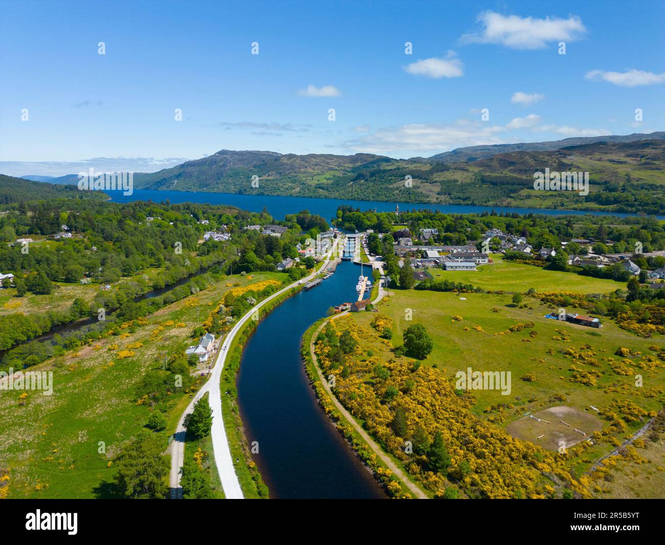 Aerial view of the Caledonian Canal at Fort Augustus on Loch Ness ...