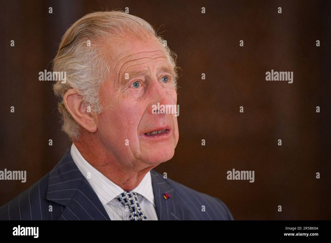 Britain's King Charles III looks up during a ceremony at the Cotroceni ...