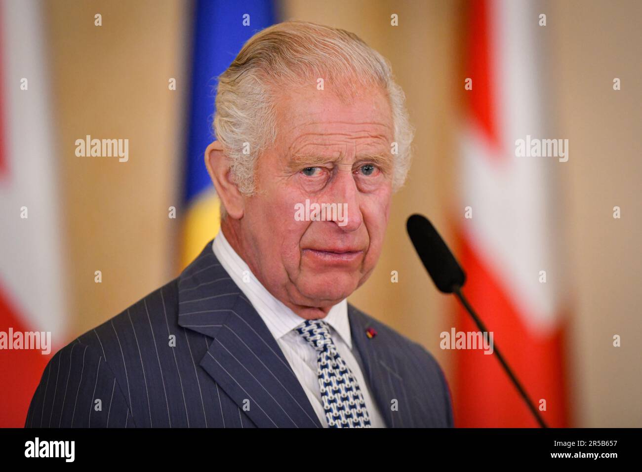 Britain's King Charles III looks on during a ceremony at the Cotroceni ...