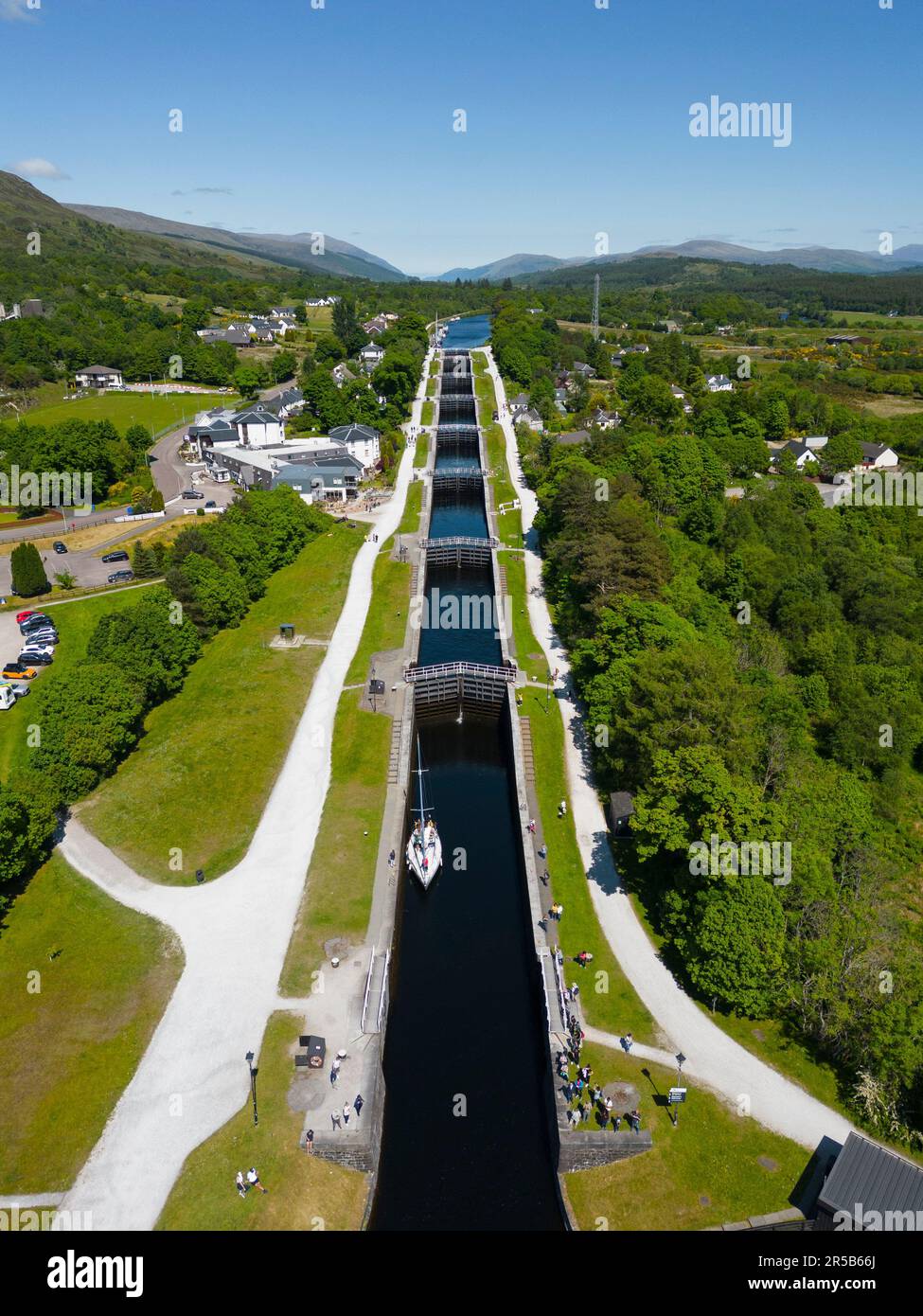 Aerial view of the Neptune’s Staircase canal locks on the Caledonian ...