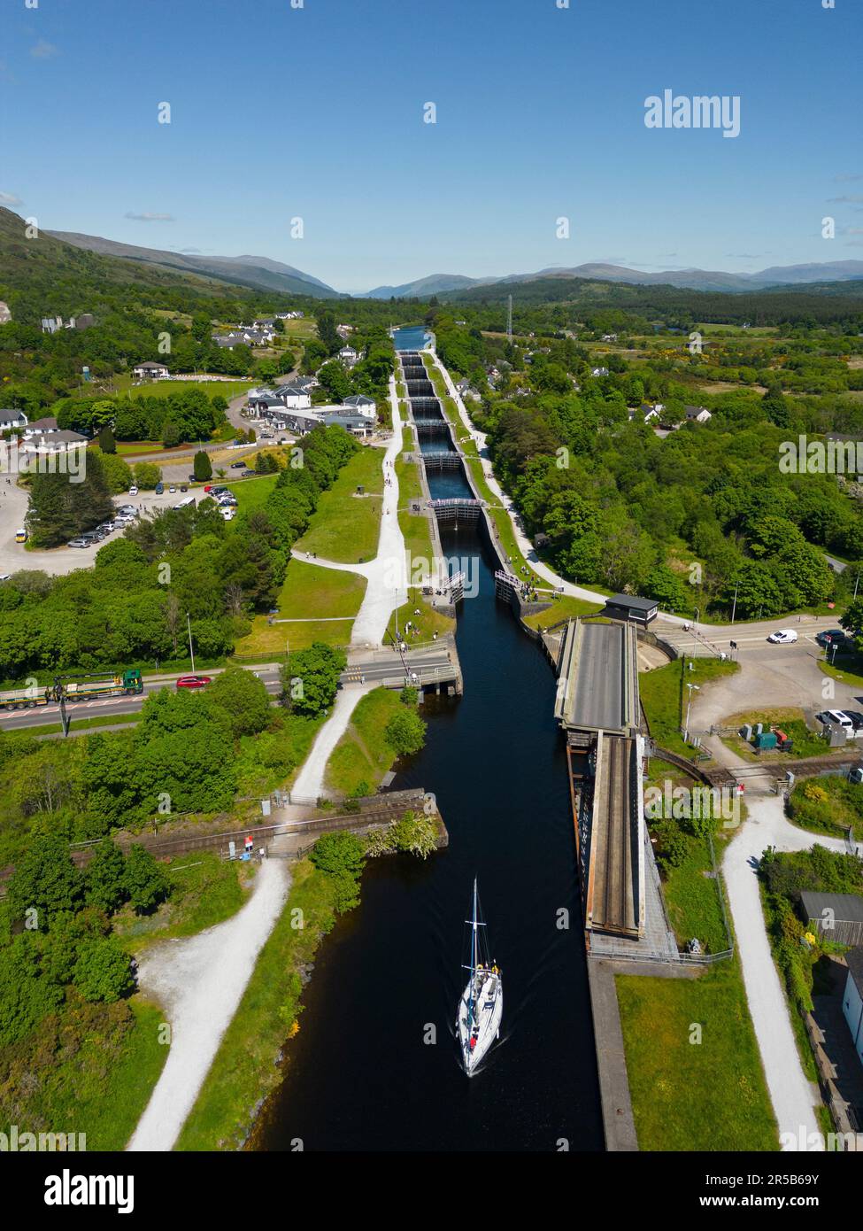 Aerial View Of The Neptunes Staircase Canal Locks On The Caledonian Canal At Banavie Scotland