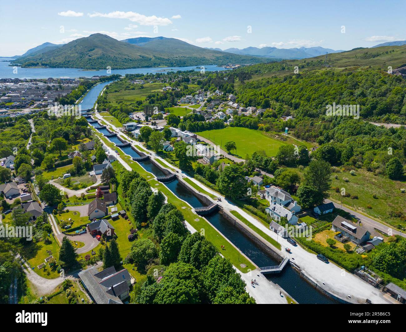Aerial view of the Neptune’s Staircase canal locks on the Caledonian ...