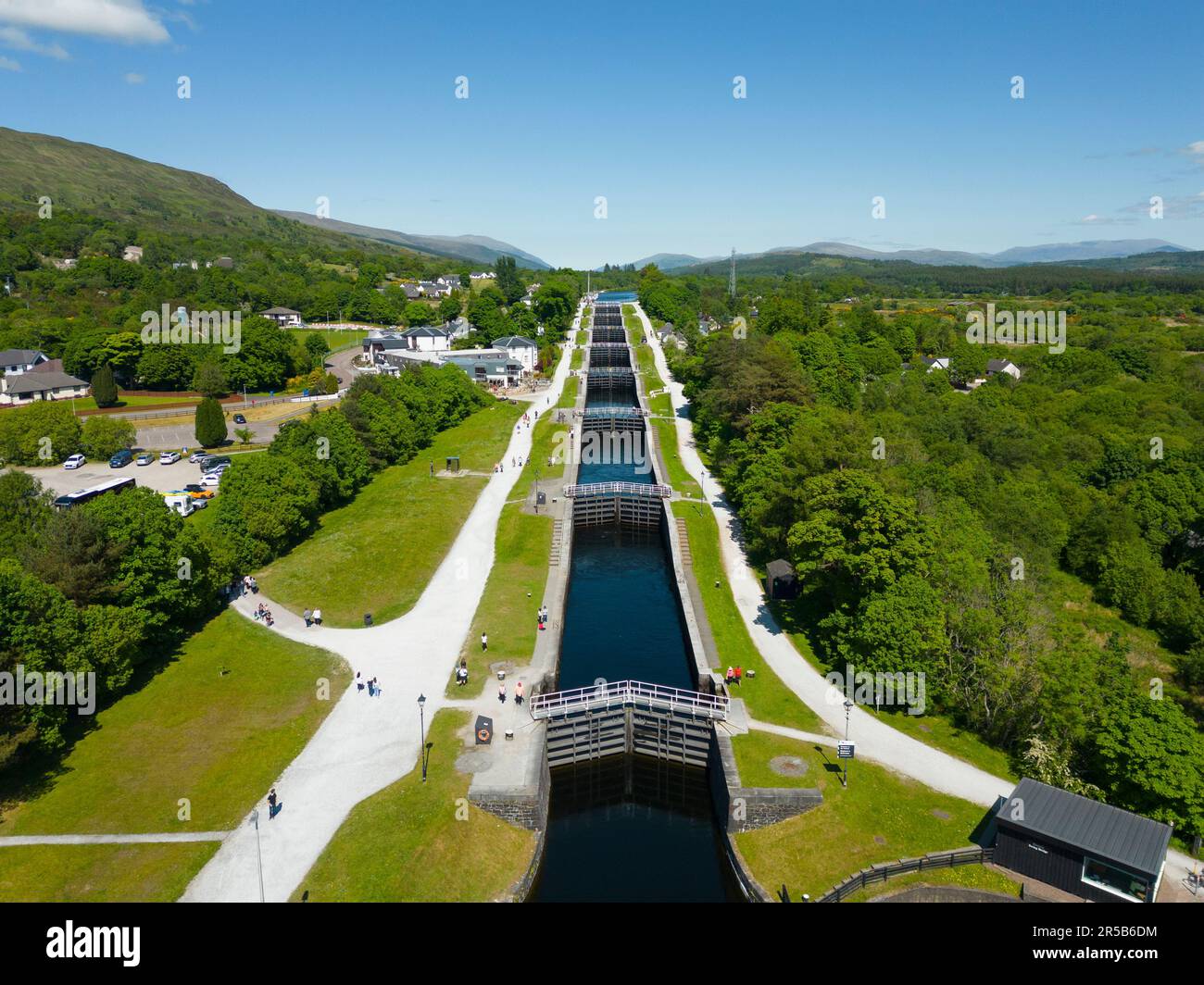 Aerial view of the Neptune’s Staircase canal locks on the Caledonian ...