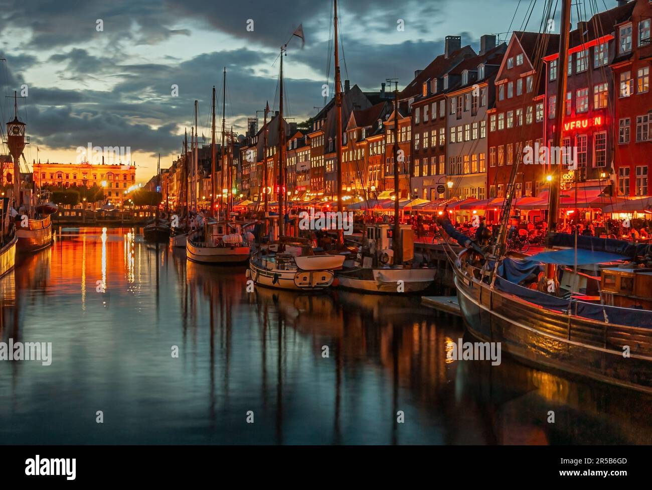 Copenhagen, Denmark - September 13, 2010: Evening view. Line of iconic ...
