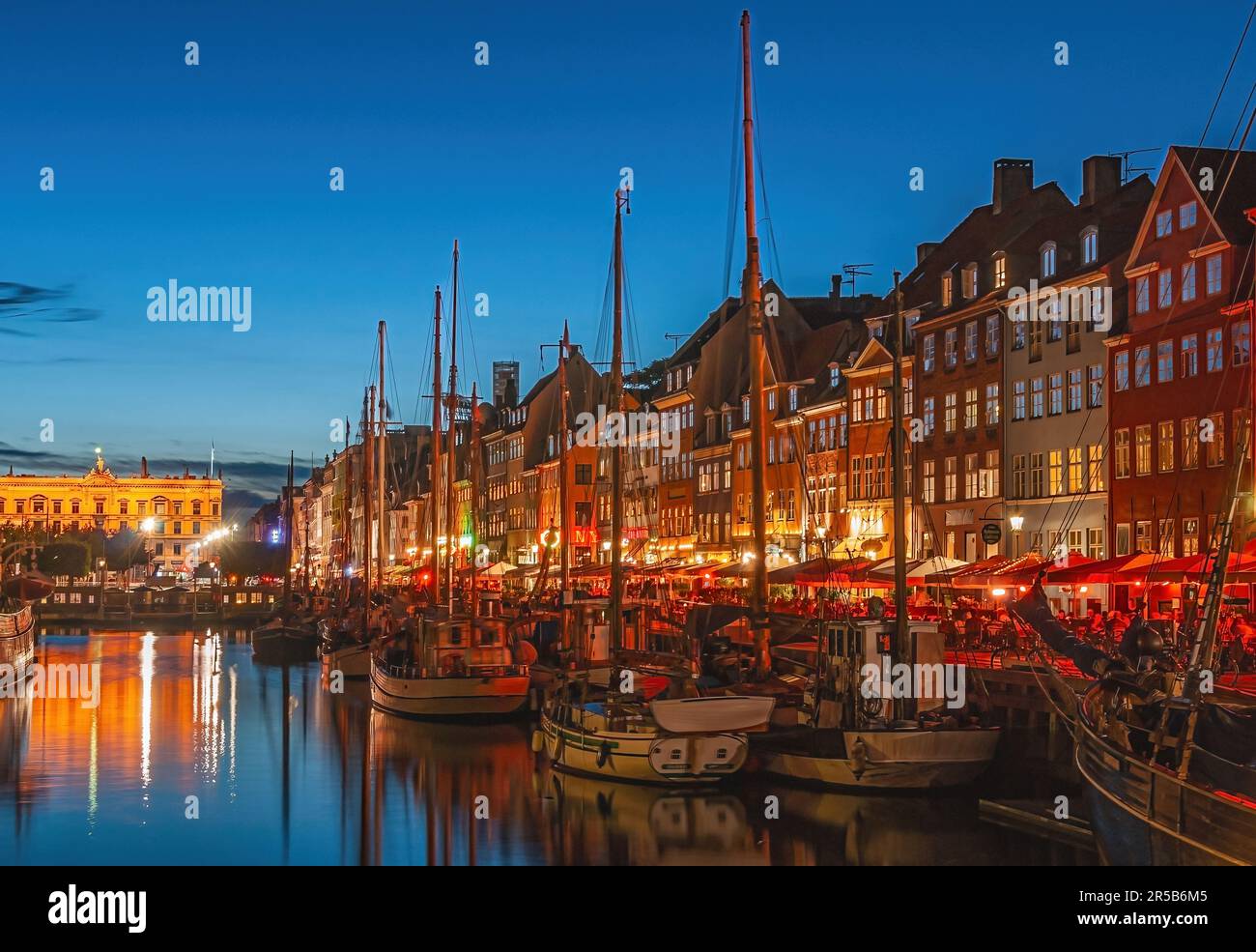 Copenhagen, Denmark - September 13, 2010: Night view. Line of iconic ...