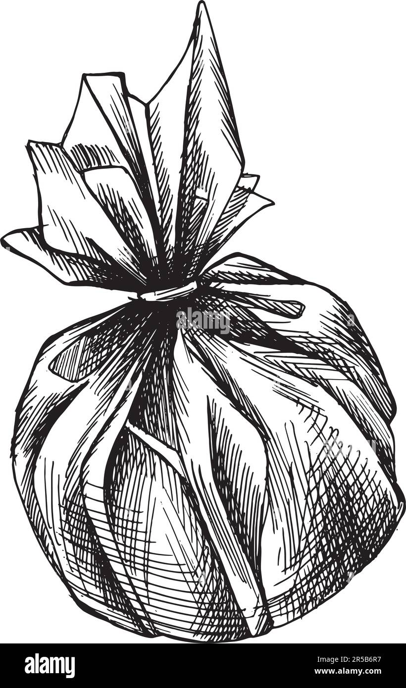 Round bath bomb wrapped in a package. EPS hand drawn black and white ...