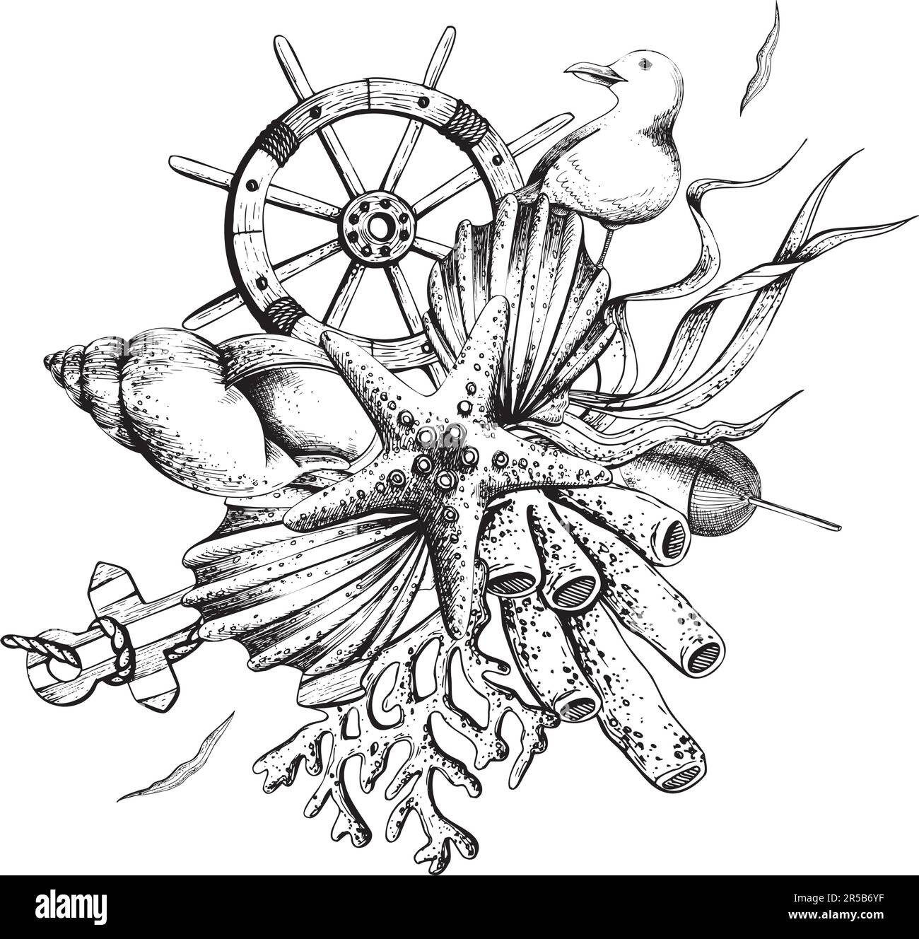 Marine animals with anchor, rudder and lifebuoy. Illustration of hand ...