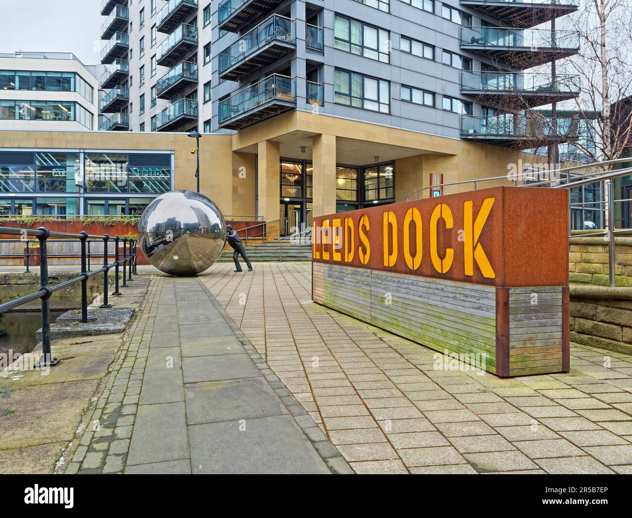 UK, West Yorkshire, Leeds, Leeds Dock Sign and A Reflective Approach ...