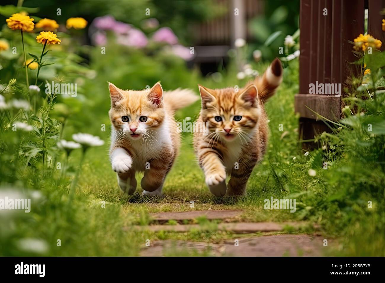 Two orange tabby kittens running joyfully in a grassy field full of ...