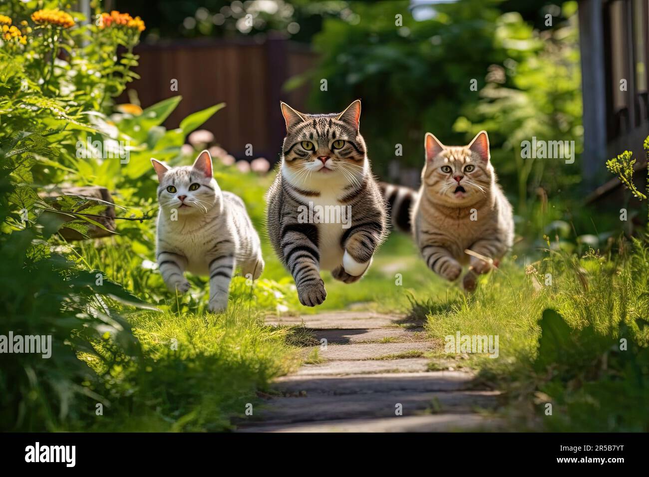 Two cats running down a paved pathway surrounded by lush green grass ...