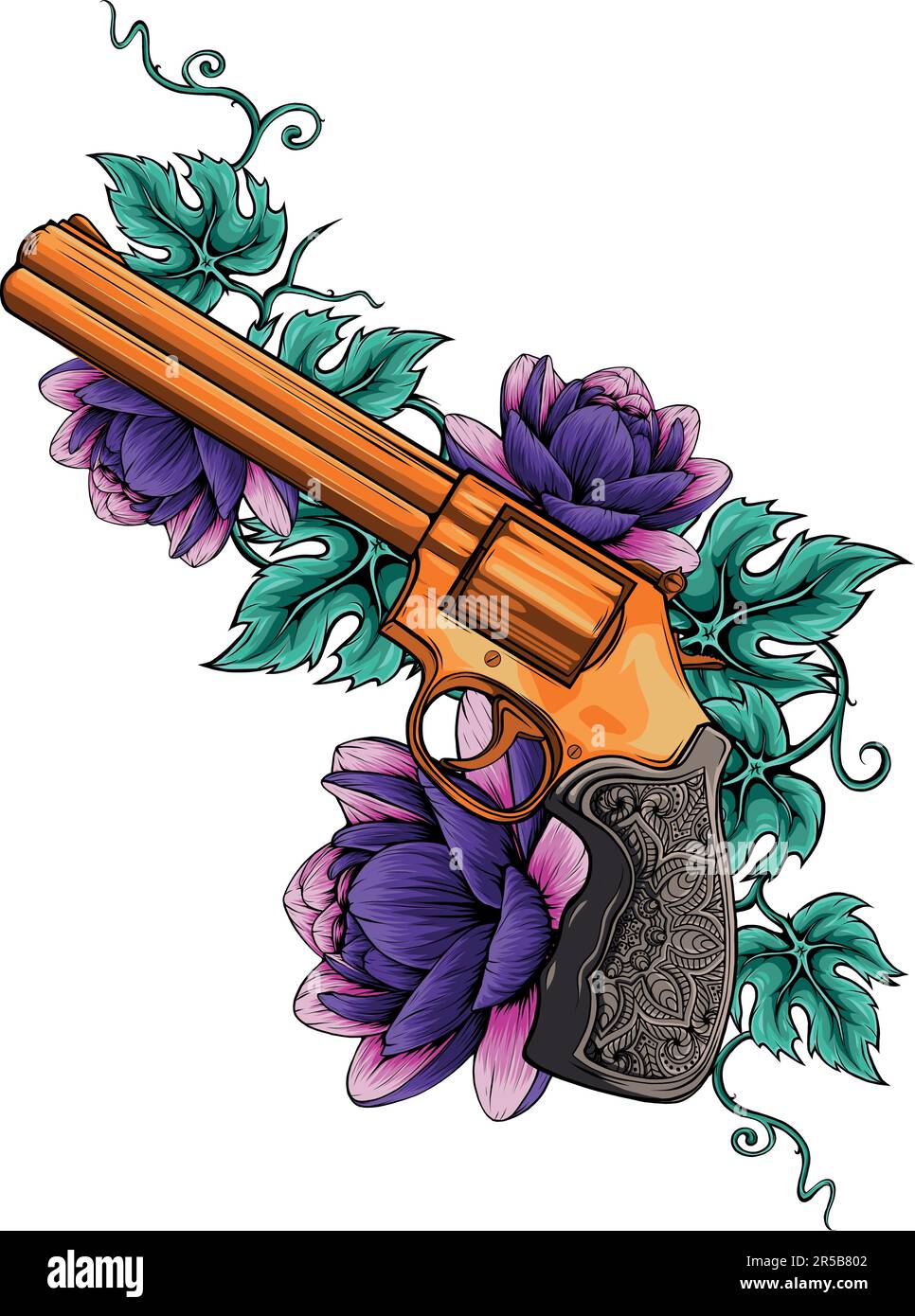 vector illustration of Revolver and flowers color Stock Vector Image ...
