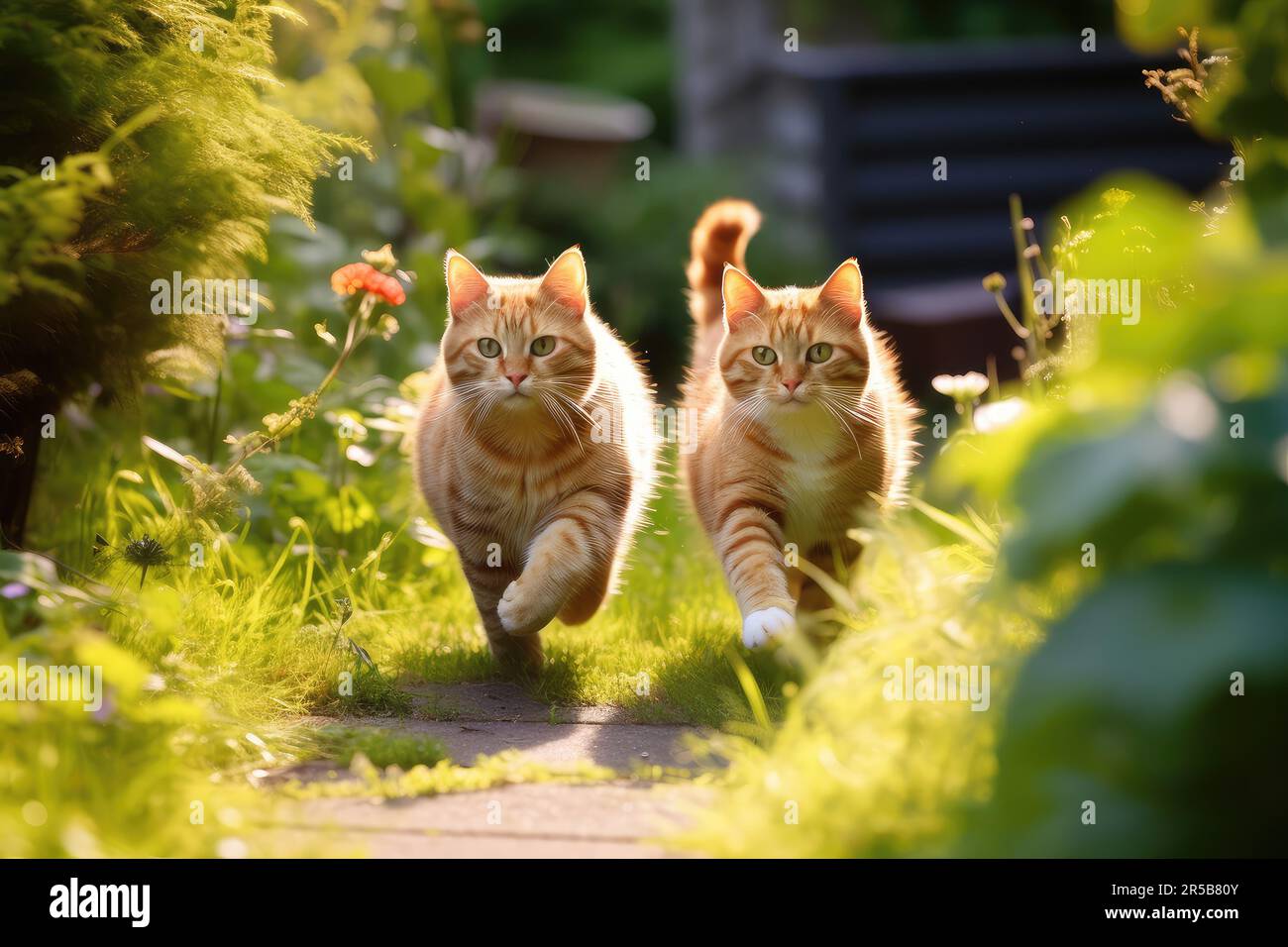 Two orange cats running side by side down a green grassy pathway, their ...