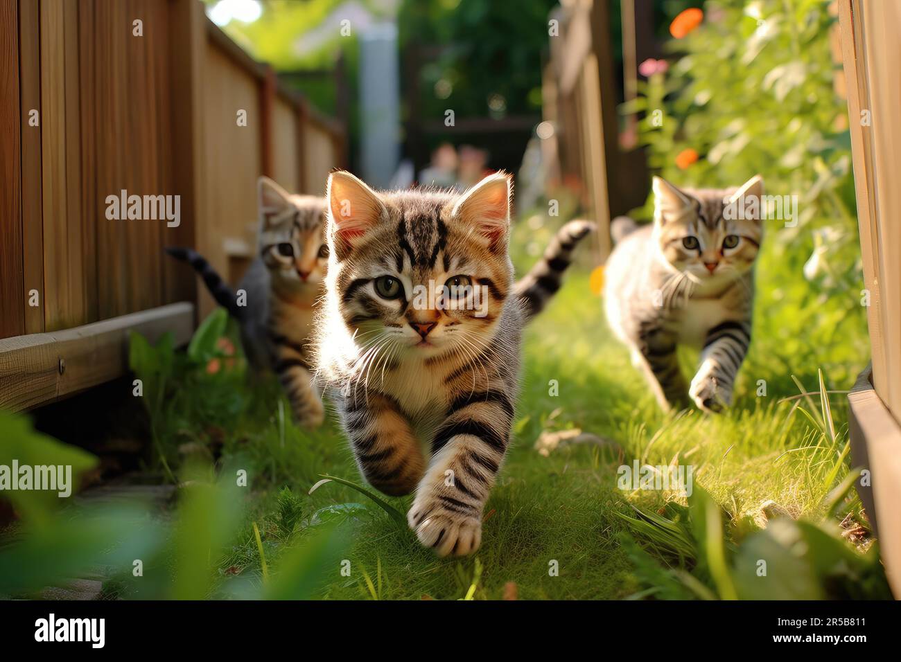 Two small tabby cats running playfully on the lush green grass outside ...