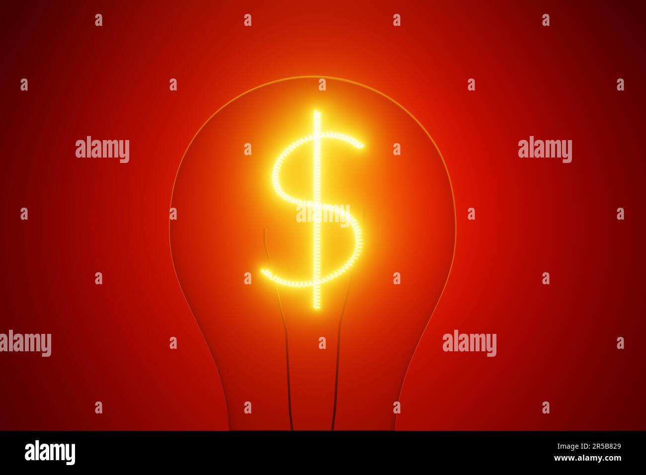 Light bulb having a glowing dollar sign tungsten filament on red ...